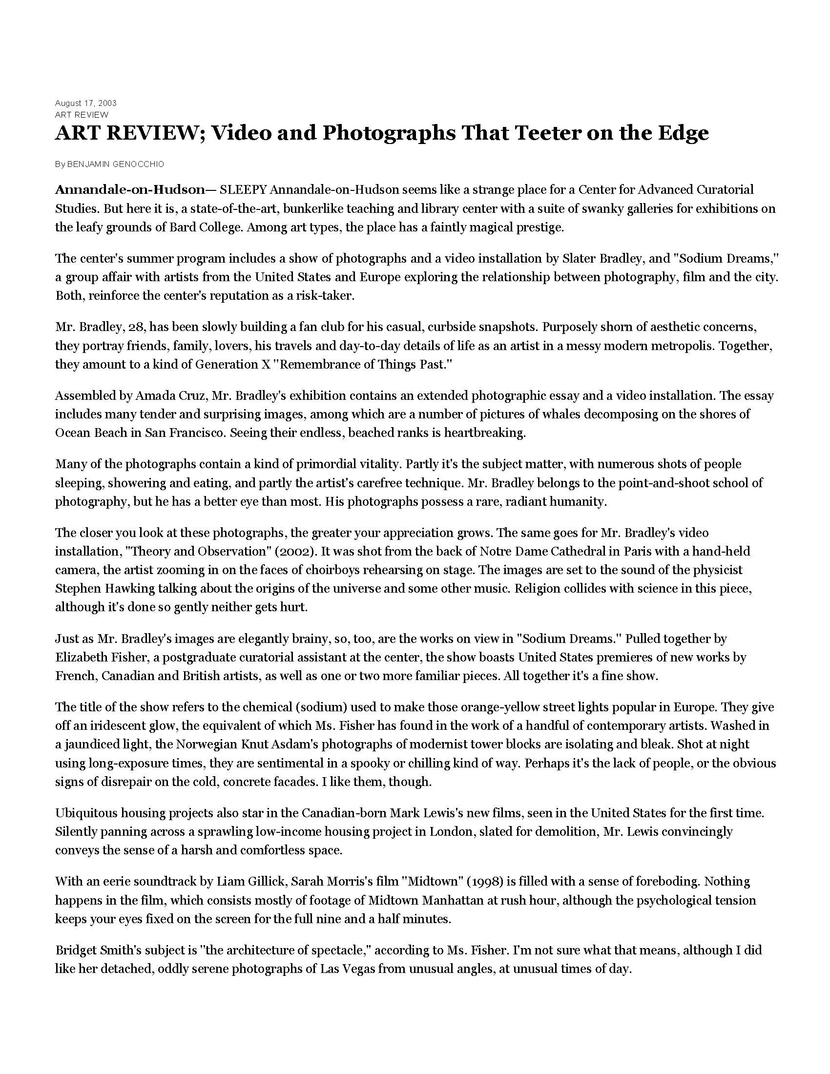 THE NEW YORK TIMES — ART REVIEW; Video and Photographs That Teeter on ...
